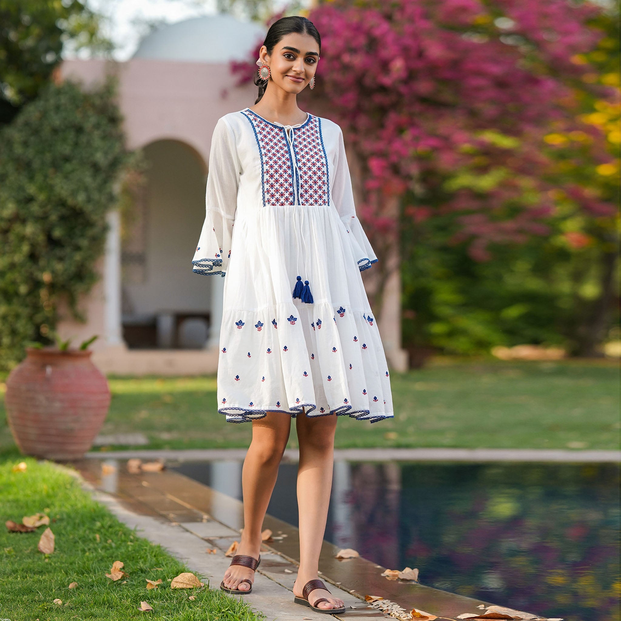 White Cotton Mulmul Embroidered Boho Dress | BluAuraa – Bluauraa